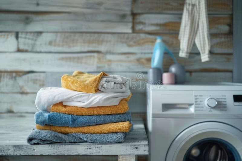 A Stack of Neatly Folded Laundry Sits on a Wooden Table Next To a White ...
