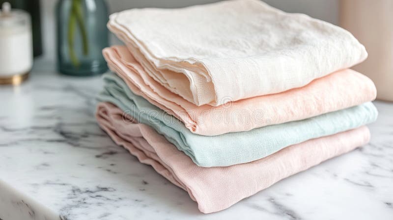 A Stack of Neatly Folded Linen Napkins with Pastel Hues on a Marble ...