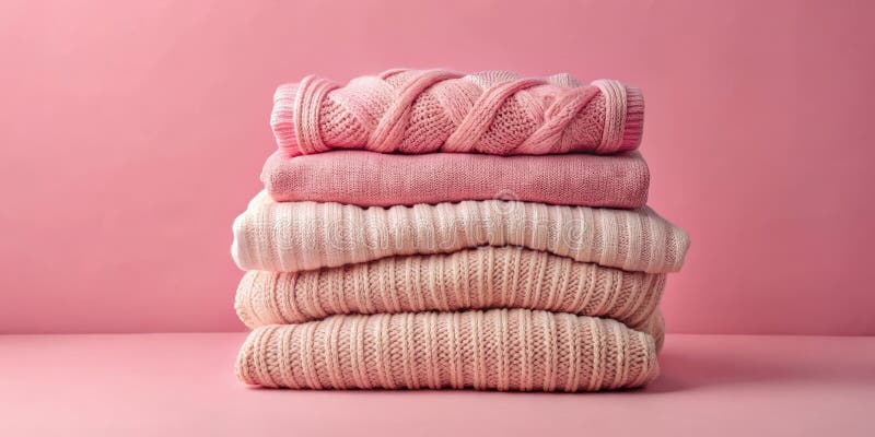 A Stack of Neatly Folded Pink and Rose Colored Knit Sweaters on a Pink ...