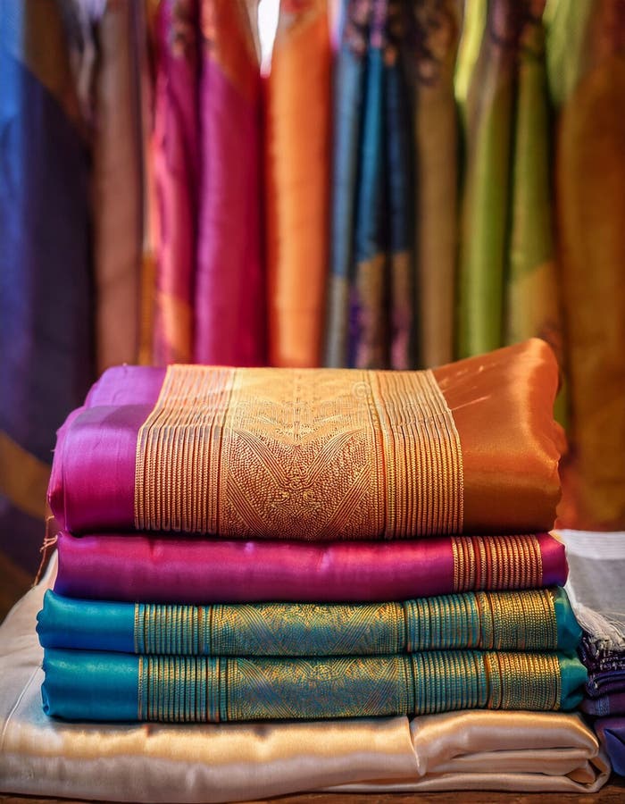 A Stack of Neatly Folded Traditional Thai Silk Stock Illustration ...