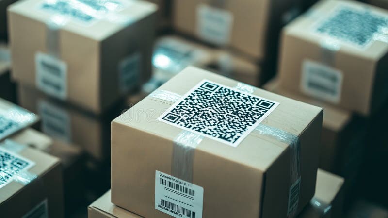 Stack of Neatly Packed Parcels with QR Codes for Quick Scanning Stock ...