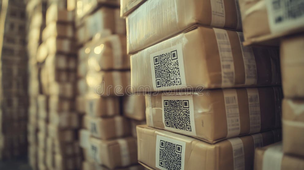 Stack of Neatly Packed Parcels with QR Codes for Quick Scanning Stock ...