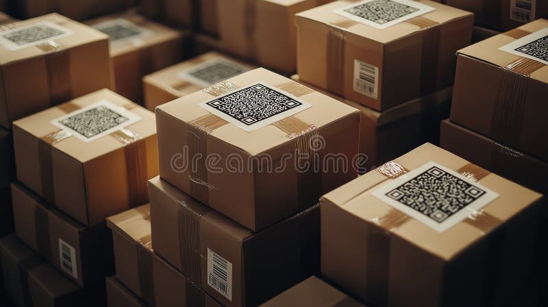 Stack of Neatly Packed Parcels with QR Codes for Quick Scanning Stock ...
