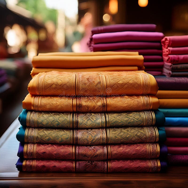 A Stack of Neatly Traditional Thai Silk Stock Illustration ...