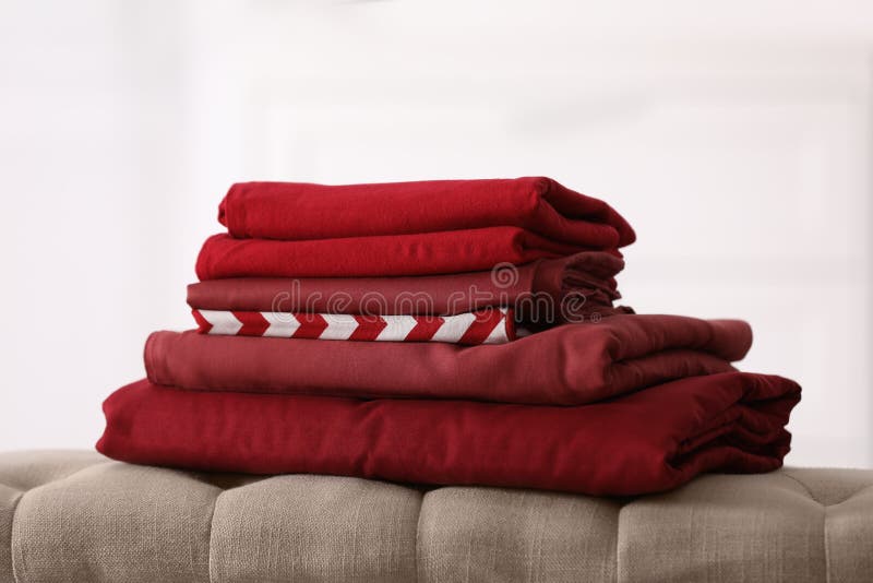 Stack of New Clean Folded Bed Linens on Bench Stock Image - Image of ...