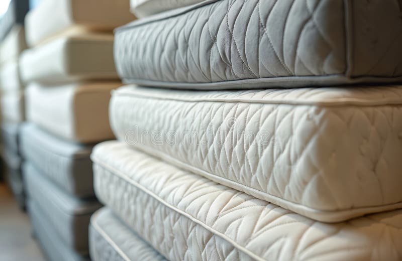 Stack of New Comfortable Mattresses in Store. Close-up of Bed Overlays ...