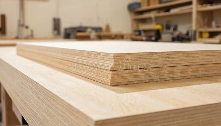 Stack of New Plywood Sheets in Workshop. Raw Lumber Material for ...