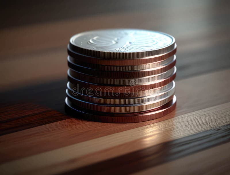 A Stack of Newly Minted Coins on a Polished Mahogany Table. AI ...
