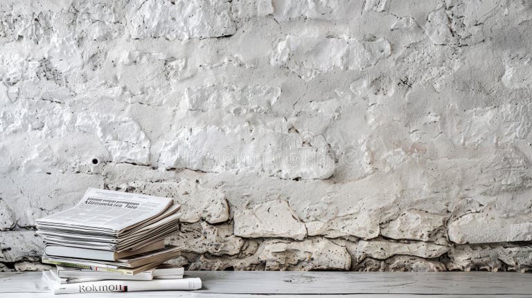 A Stack of Newspapers or Magazines Against a Textured White Stone Wall, Leaving Ample Empty ...