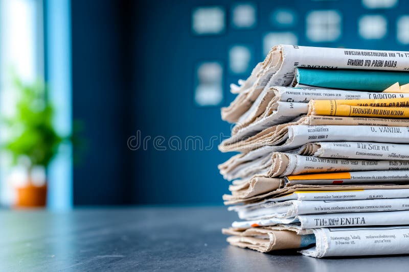 A Stack of Newspapers Sitting on Top of a Table Stock Image - Image of ...