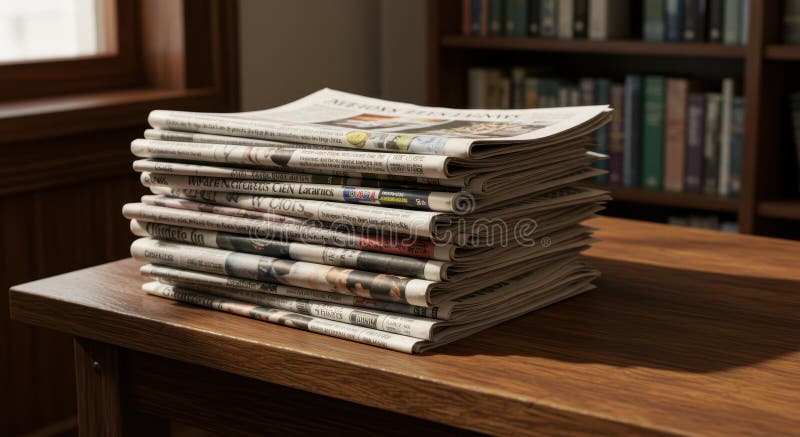 Stack of Newspapers on a Wooden Table in a Library Stock Photo - Image ...