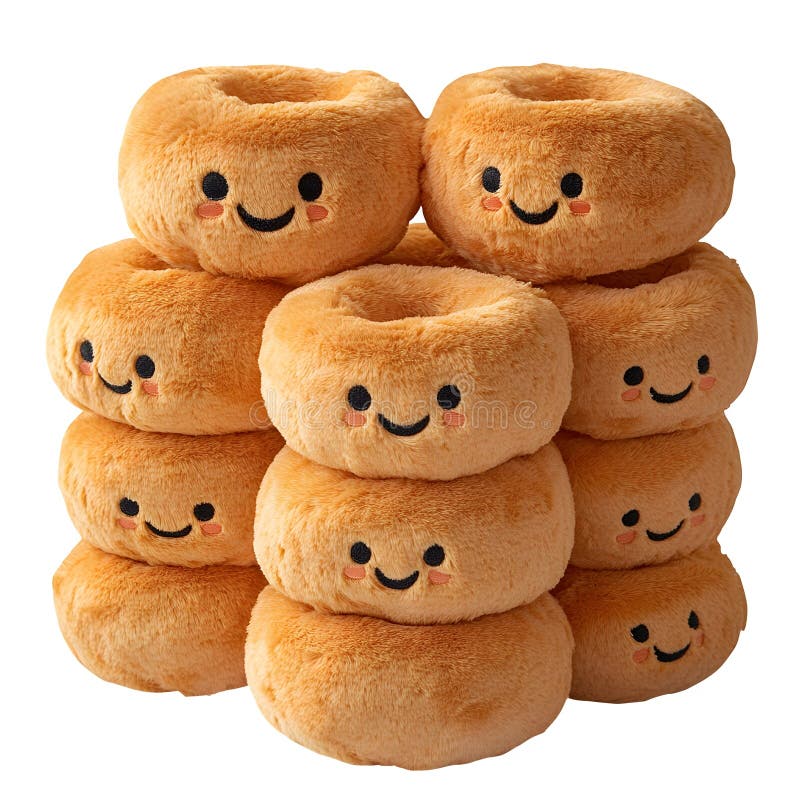 A Stack of Nine Plush Donuts with Smiling Faces Arranged on a Plain ...