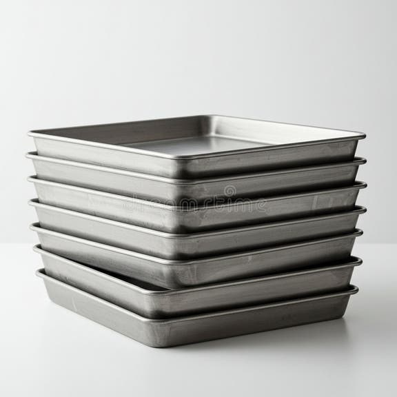Stack of Nine Square Baking Pans, Metal with a Reflective Surface. Each ...