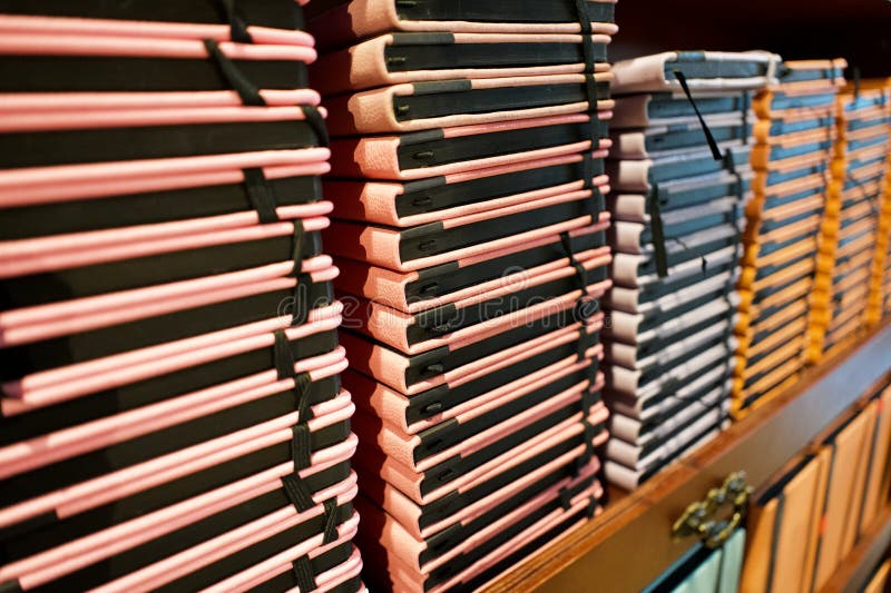Stack of Note Book on Shelves Stock Photo - Image of wall, leather ...