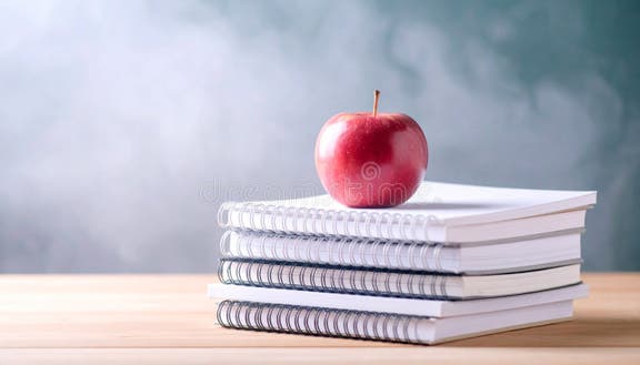 Stack of Notebooks and Apple on Table. Back To School Concept ...