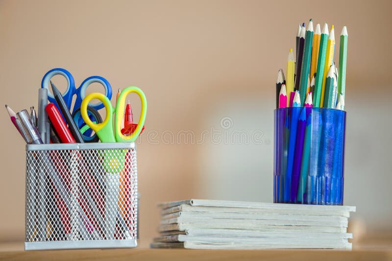 Stack of Notebooks, Colorful Drawing Pencils and Stationery Arrangement ...