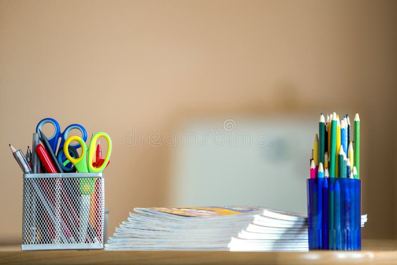 Stack of Notebooks, Colorful Drawing Pencils and Stationery Arrangement ...