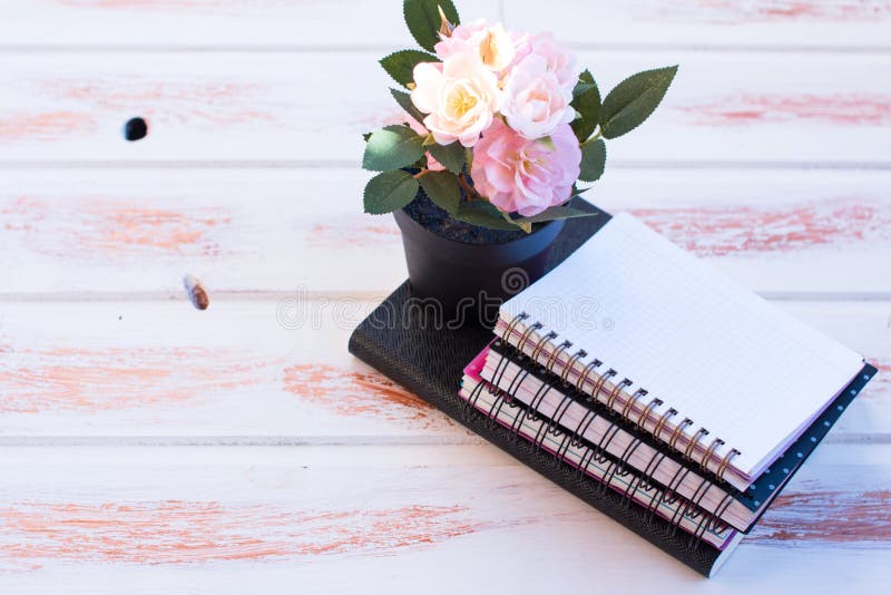 A Stack of Notebooks on the Desktop. Stock Image - Image of hardcover ...