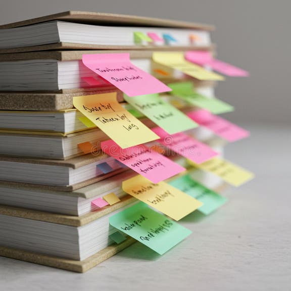 A Stack of Notebooks Features Numerous Brightly Colored Sticky Notes ...
