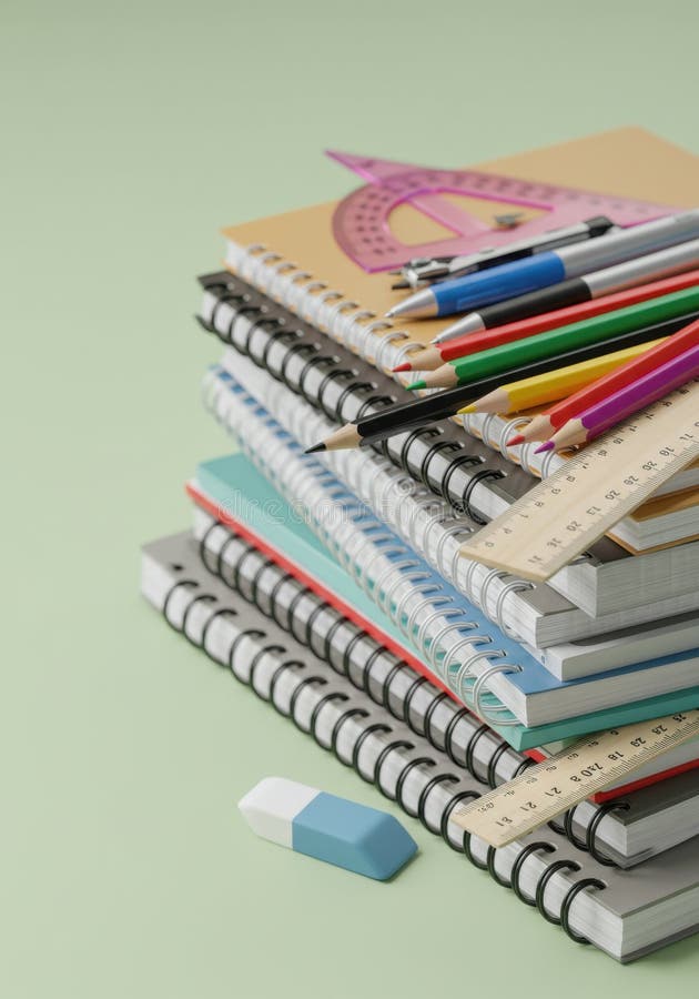 Stack of Notebooks and School Supplies on Green Background Stock ...