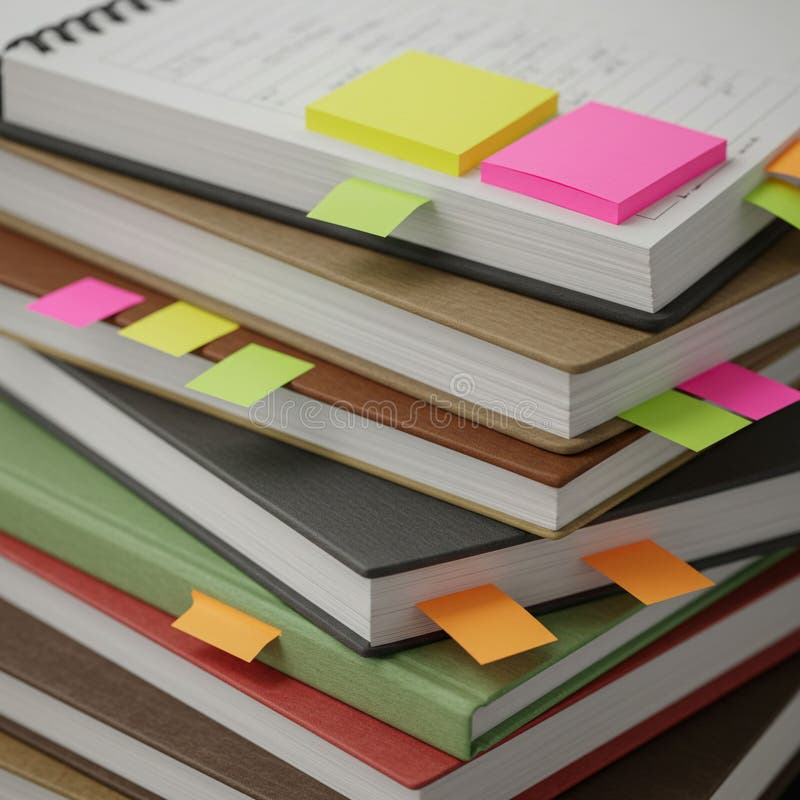 Stack of Notebooks in Various Colors, Each Separated by Bright Sticky ...