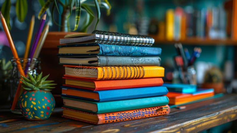 Stack of Notepads and School Supplies on Table, Representing a ...