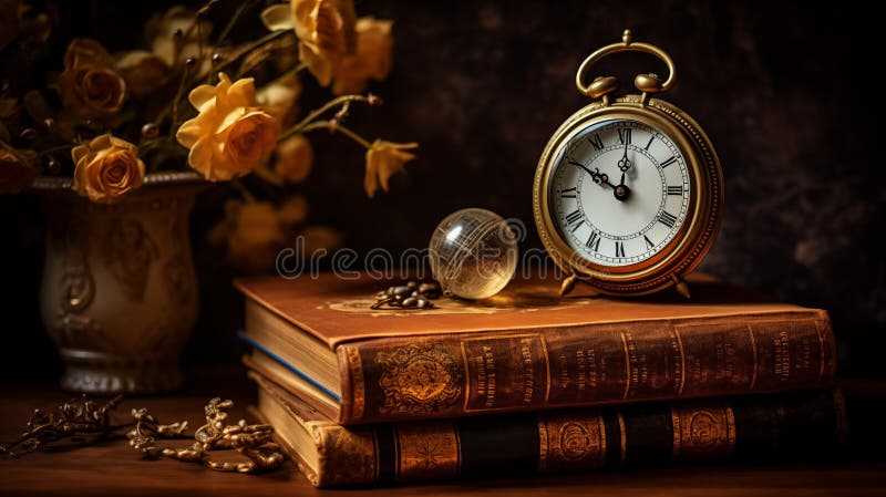 Stack of Obsolete Books and Old-fashioned Clock Still Life Generative ...