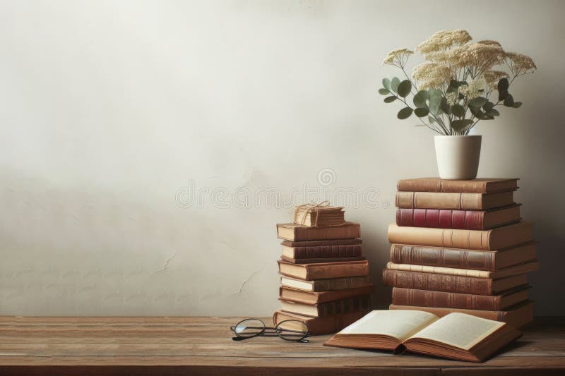 A Stack of Old Books Against the Wall. Space for Text. Stock ...