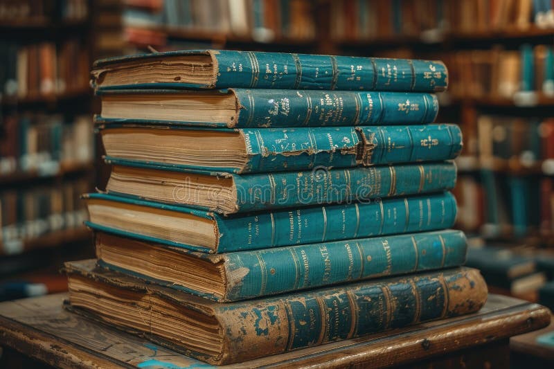 Stack of Vintage Teal Books in Library Stock Illustration ...