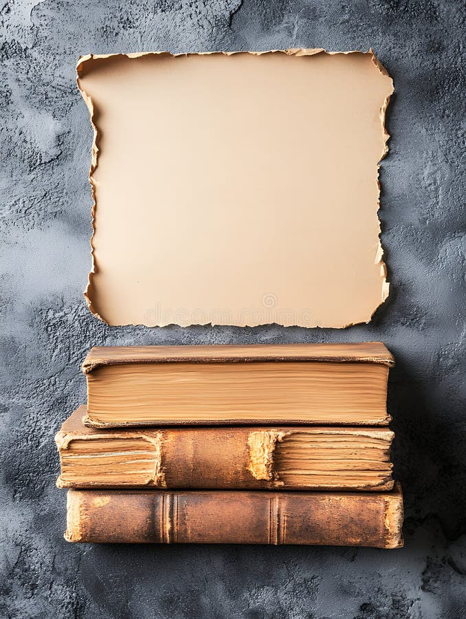 Stack of Old Books with a Blank Parchment Paper on a Textured Gray ...