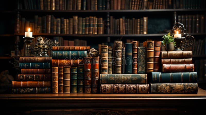 A Stack of Old Books Bookshelf in Library Stock Photo - Image of paper ...