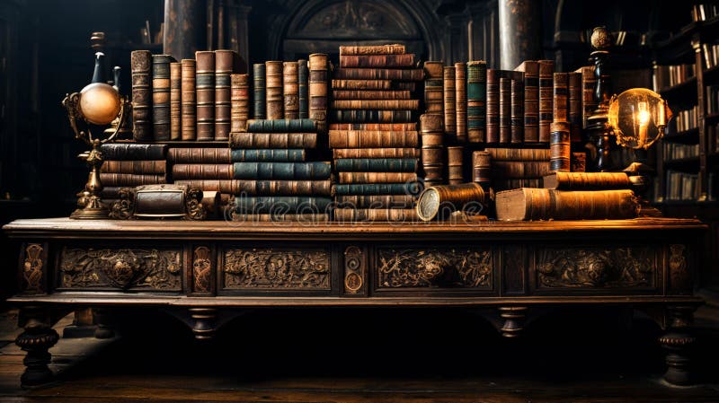 A Stack of Old Books Bookshelf in Library Stock Photo - Image of ...