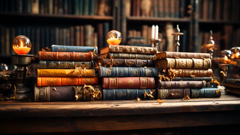 A Stack of Old Books Bookshelf in Library Stock Photo - Image of ...