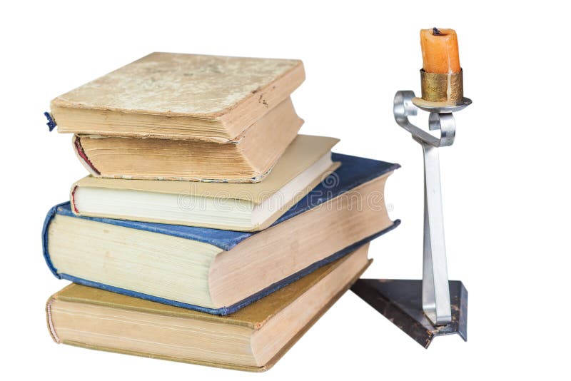 Stack old book and candle. stock photo. Image of life - 20566600
