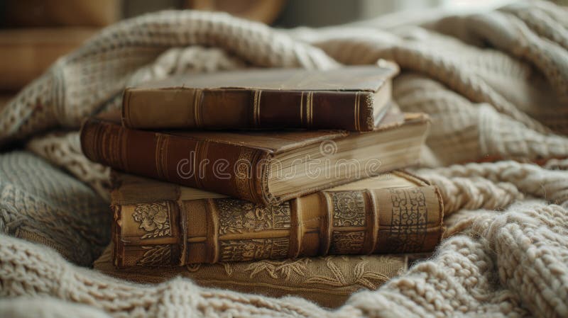 A Stack of Old Books on a Cozy Blanket. Stock Photo - Image of ...