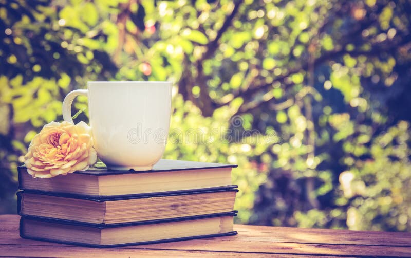 Stack of Old Books, Cup of Tea and Rose. Stock Image - Image of library ...