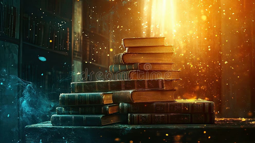 Stack of Old Books in a Dark Library with Magical Golden Light Stock ...