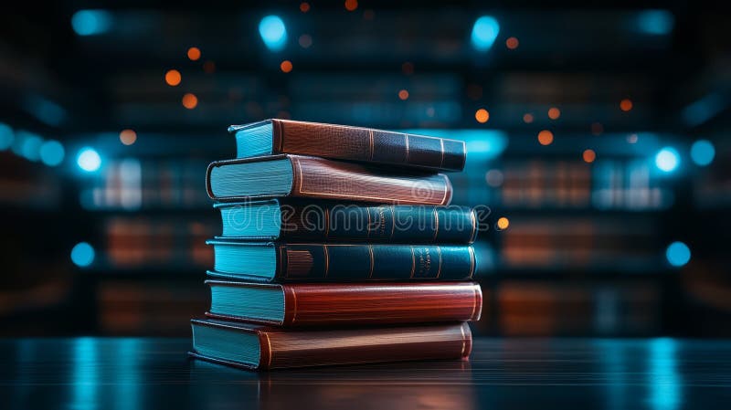 Stack of Old Books in Dimly Lit Library Stock Illustration ...