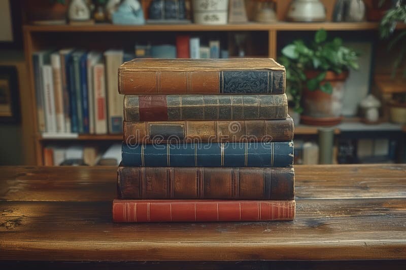 Stack of Old Books Forming a Tower of Knowledge on Wooden Table Stock ...