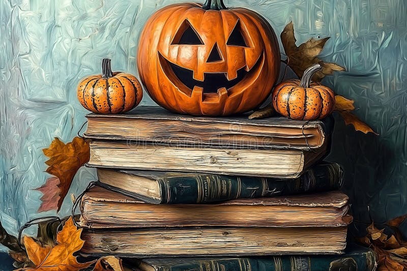 Stack of Old Books and Halloween Pumpkin Jack O Lantern on Top of it ...