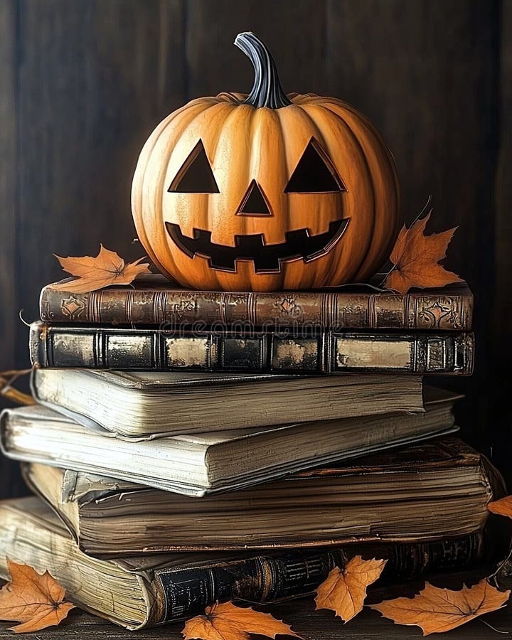 Stack of Old Books and Halloween Pumpkin Jack O Lantern on Top of it ...