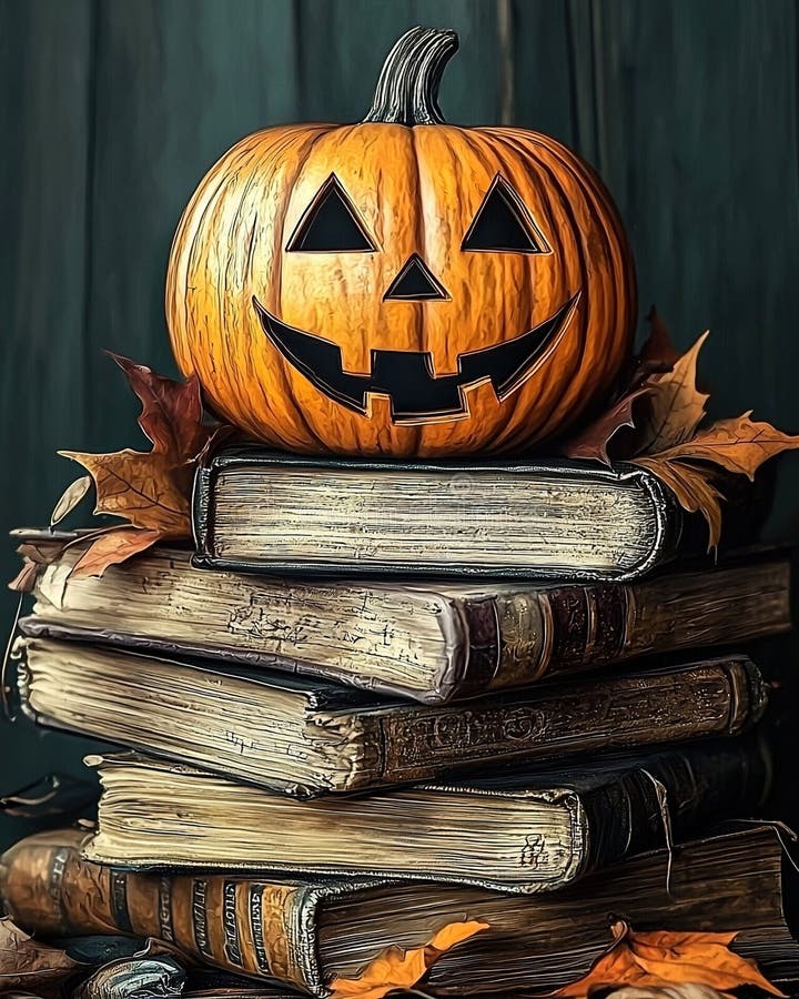 Stack of Old Books and Halloween Pumpkin Jack O Lantern on Top of it ...