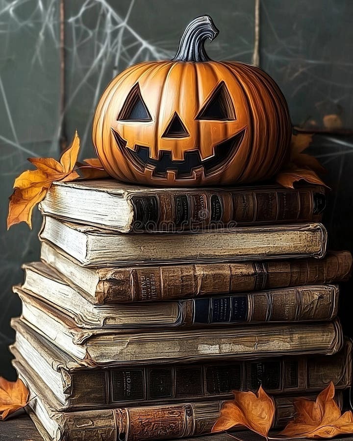 Stack of Old Books and Halloween Pumpkin Jack O Lantern on Top of it ...