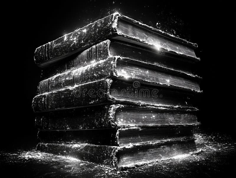 Stack of Old Books Illuminated in Dramatic Black and White Stock Image ...