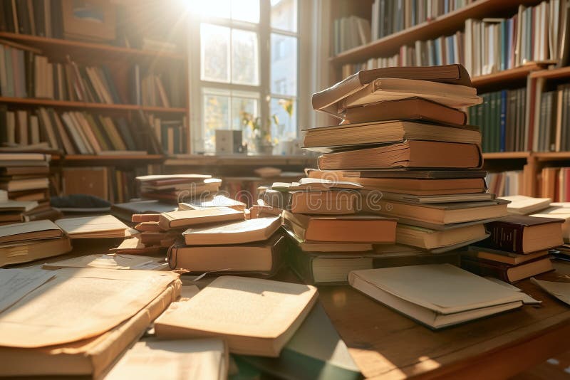Stack of Old Books Illuminated by Sunlight,cozy Library Stock ...