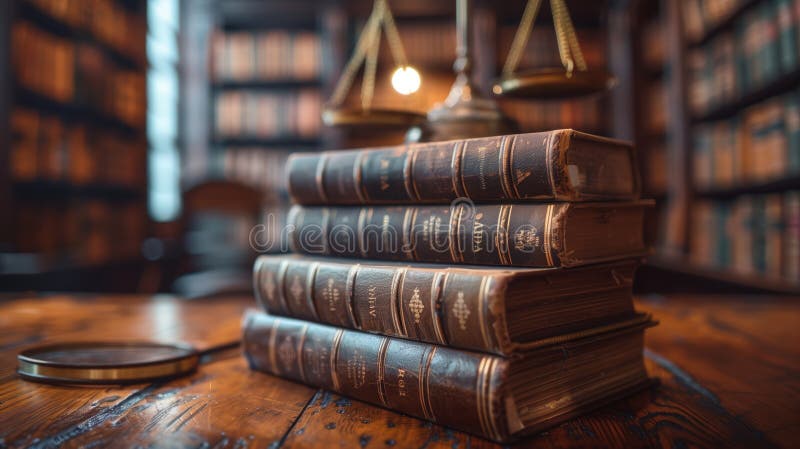 Stack of Old Books in a Library Setting with a Magnifying Glass Stock ...