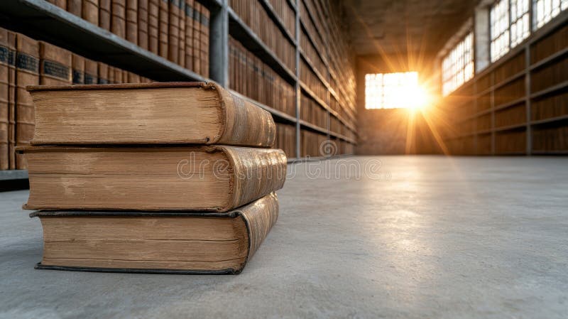 Stack of Old Books in a Library with Sunlight Streaming through the ...