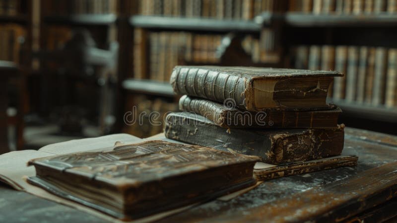 Stack of Old Books Lying on Desk in Library Stock Photo - Image of ...