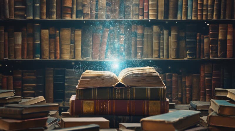 A Stack of Old Books with a Magic Spell Emitted from One of Them Stock ...