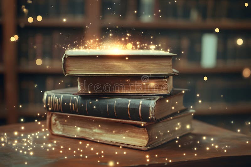 Stack of Old Books with Magical Glowing Shine on Wooden Table ...